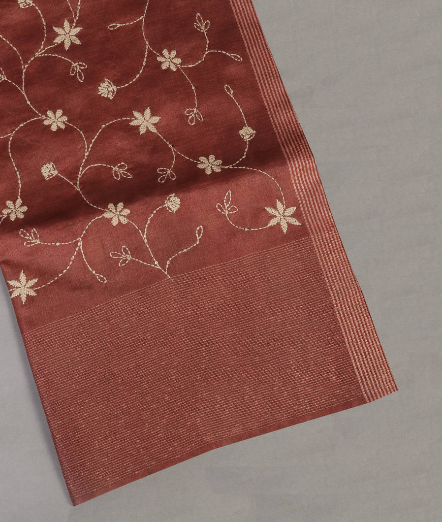 Buy Rust Tussar Kantha Work Saree T433610