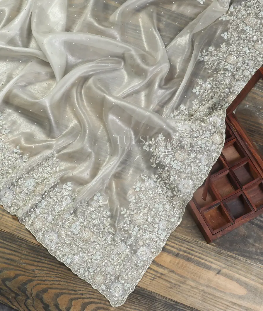 Buy Silver Grey Kora Tissue Organza Embroidery Saree T449350