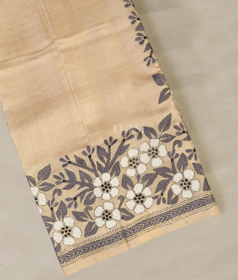 Buy Beige Tussar Kantha Work Saree T499296