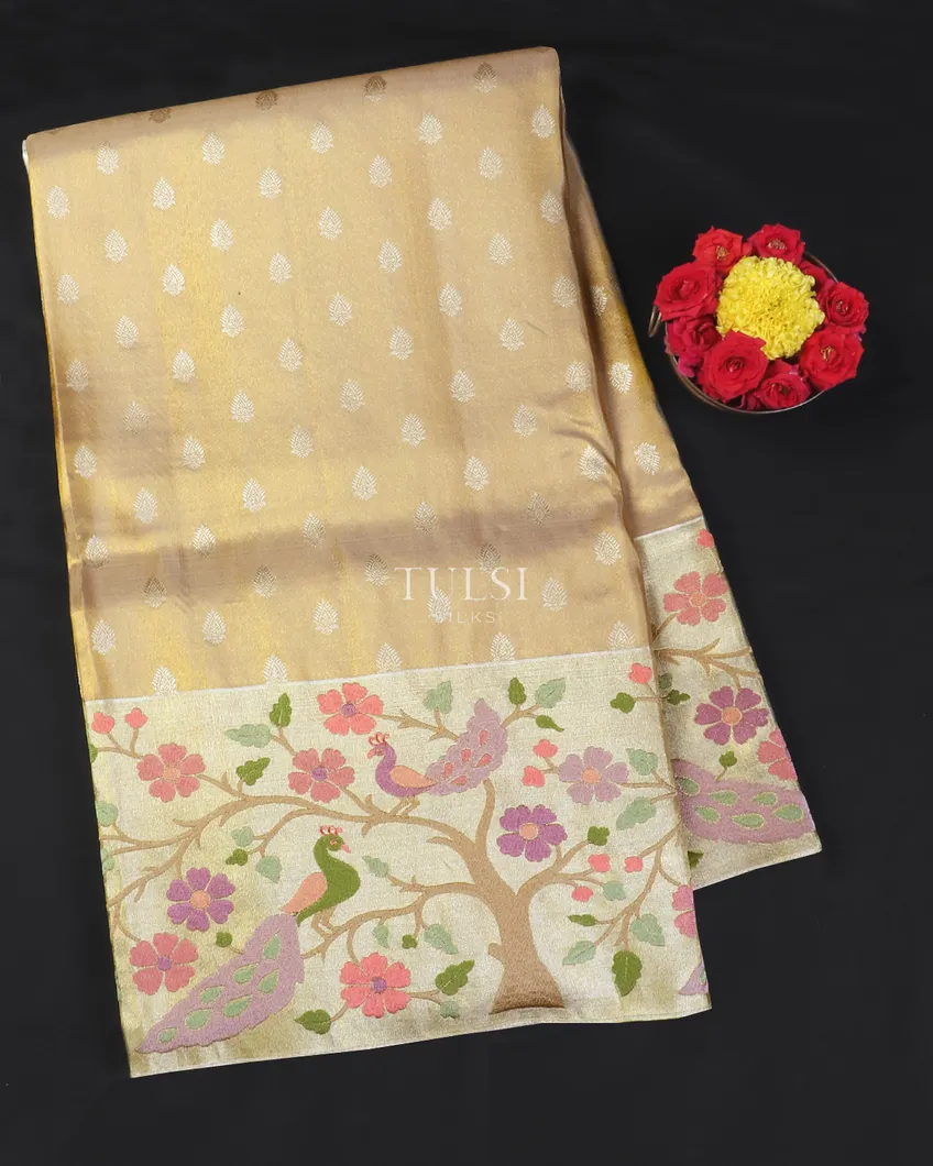 Buy Golden Beige Tissue Kanjivaram Embroidery Silk Saree T598201