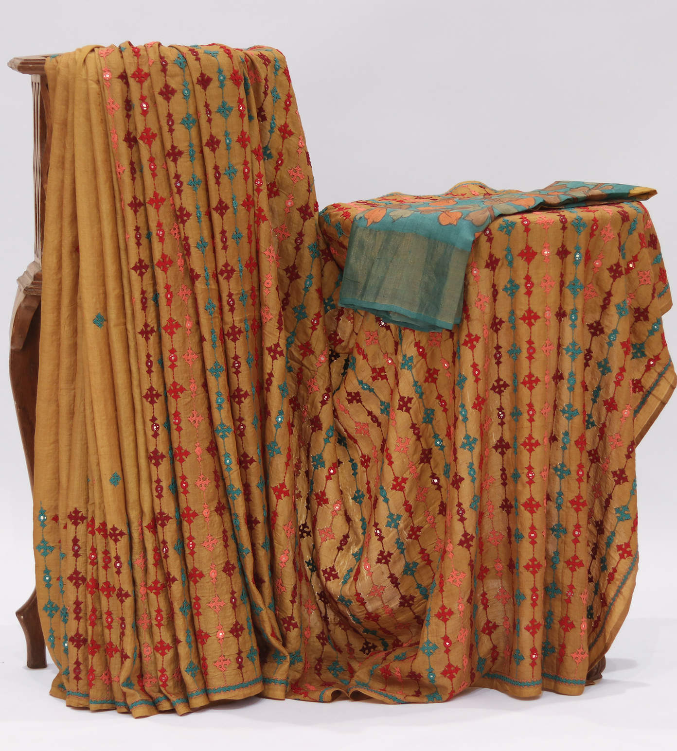 Mustard Yellow Kutch Embroidered Tussar Saree