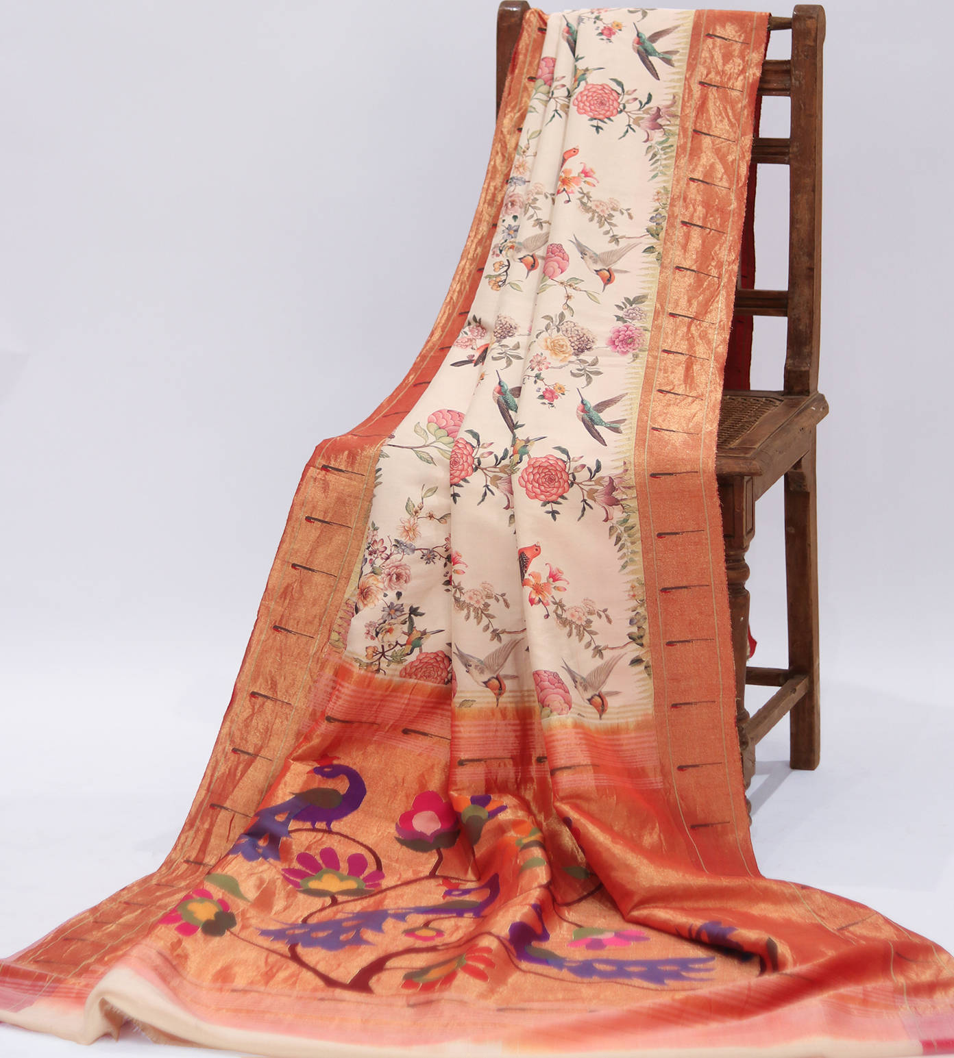 White Paithani Silk With Floral Printed Saree