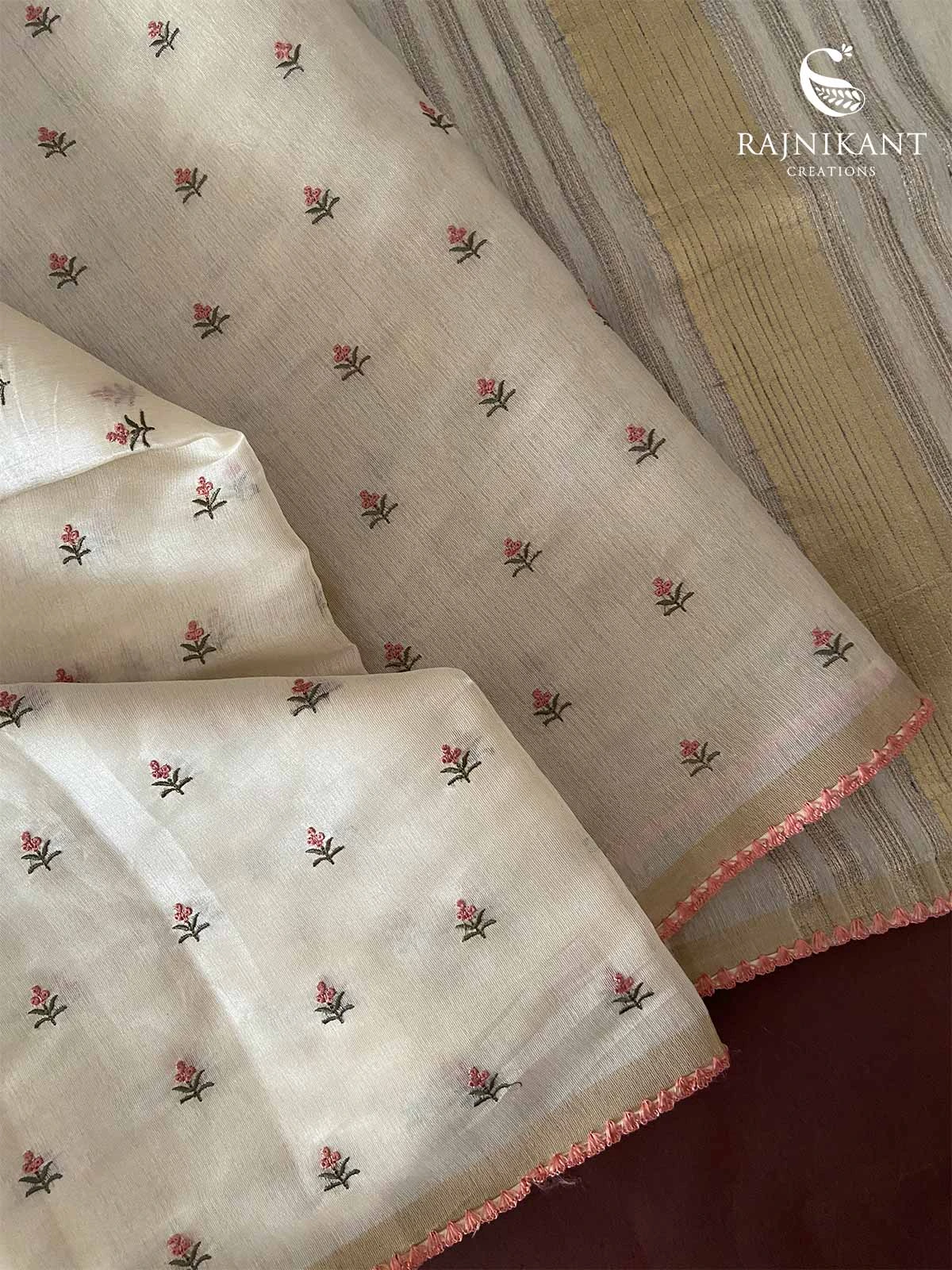 Creamy Chanderi Tissue Saree with embroidered booties